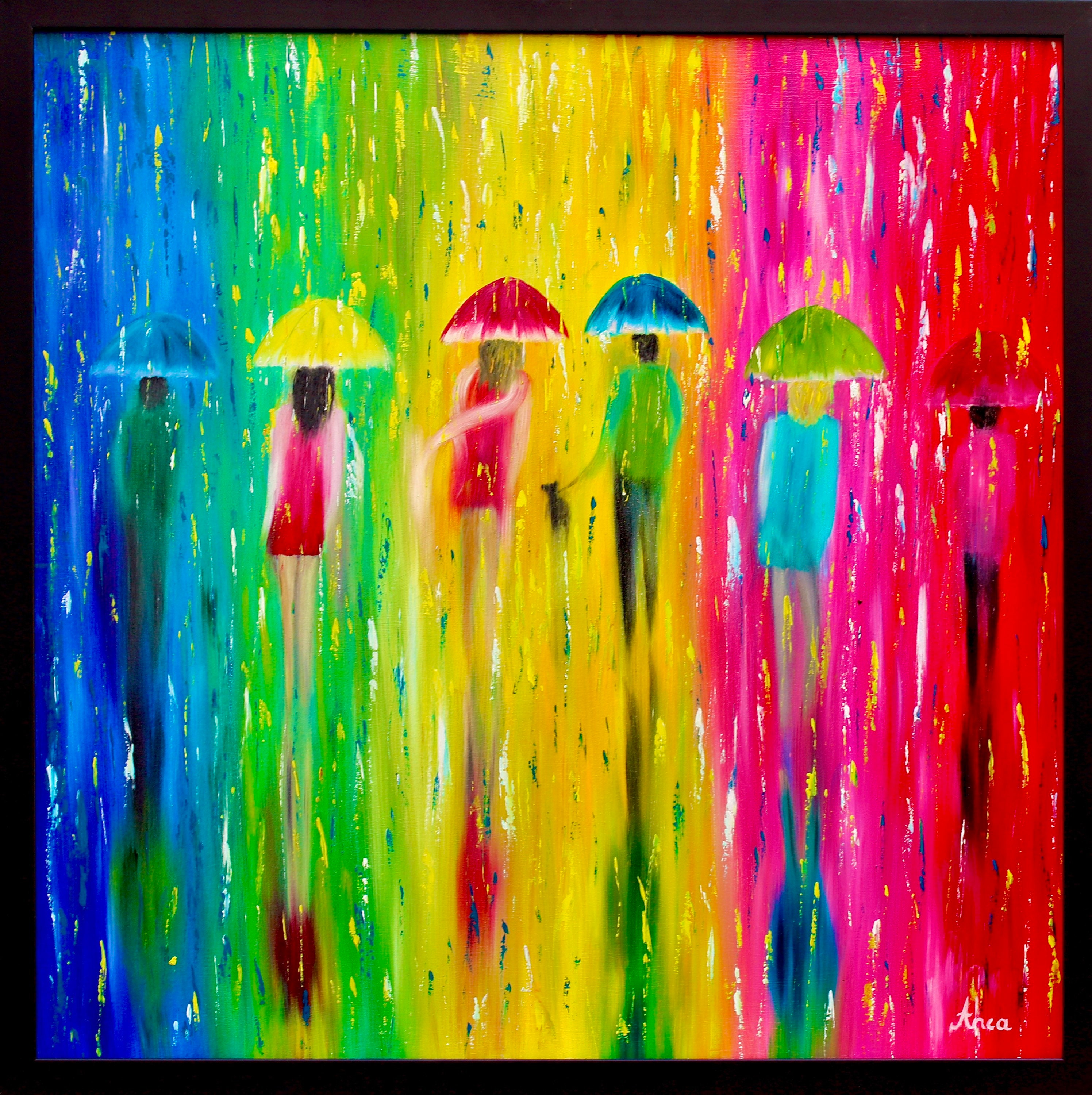 Colourful Rain Art Framed Oil Painting Umbrella - Etsy
