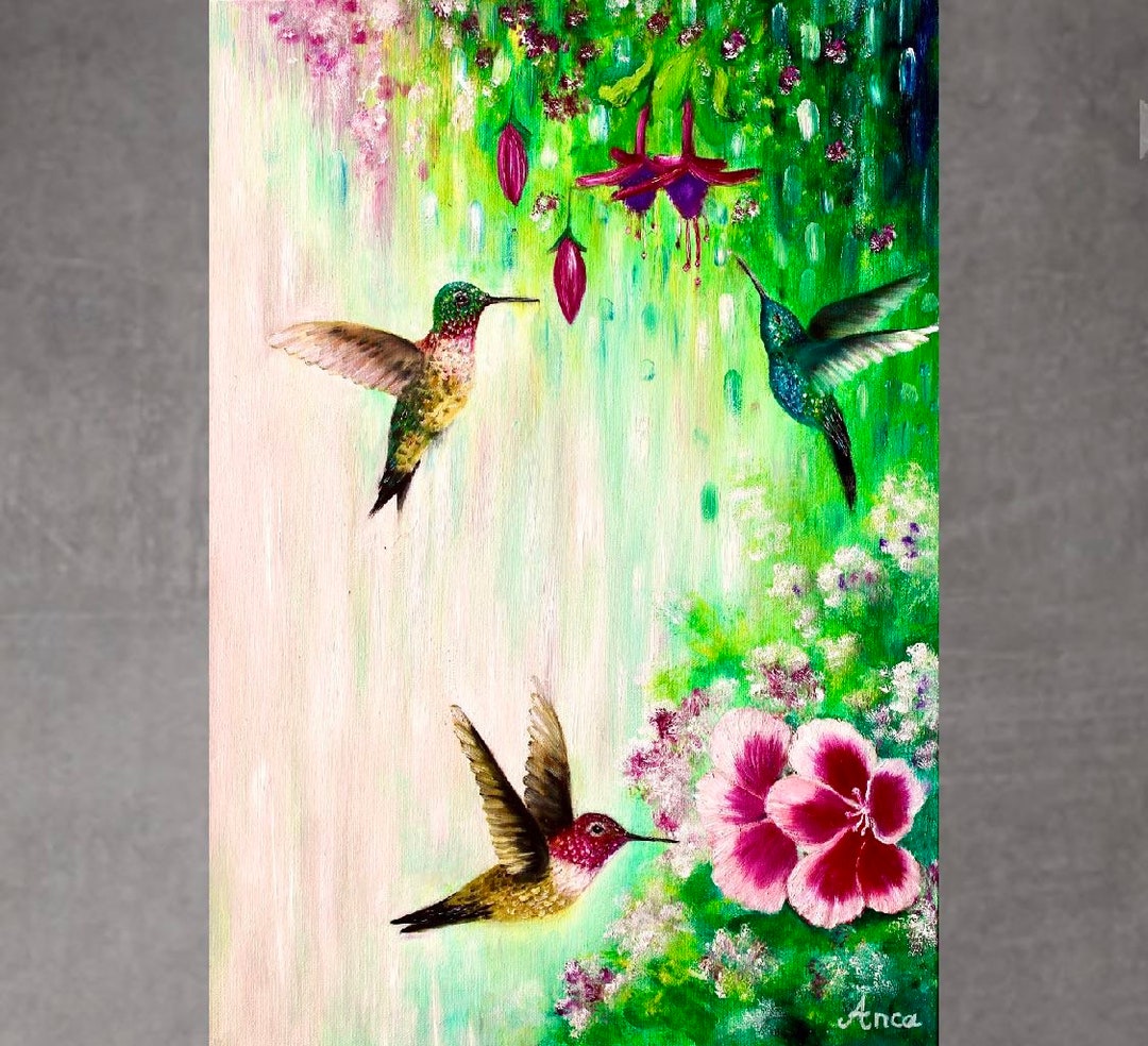 Hummingbird Oil Painting, Original Art Colibri Painting Bird Abstract ...