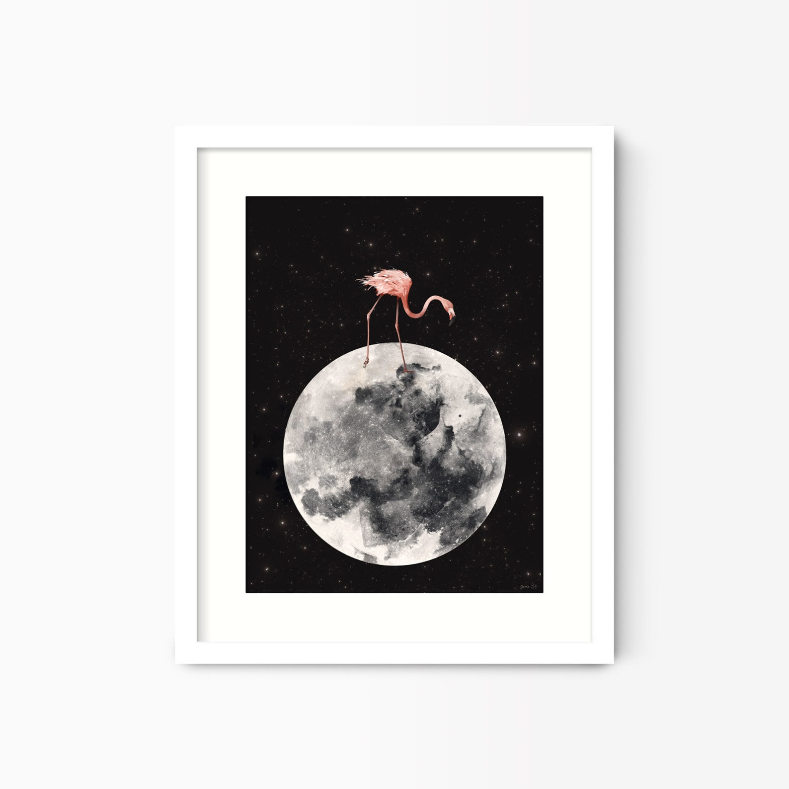 Flamingo on the Moon Wall Art Print Framed Moon Poster Dark | Etsy