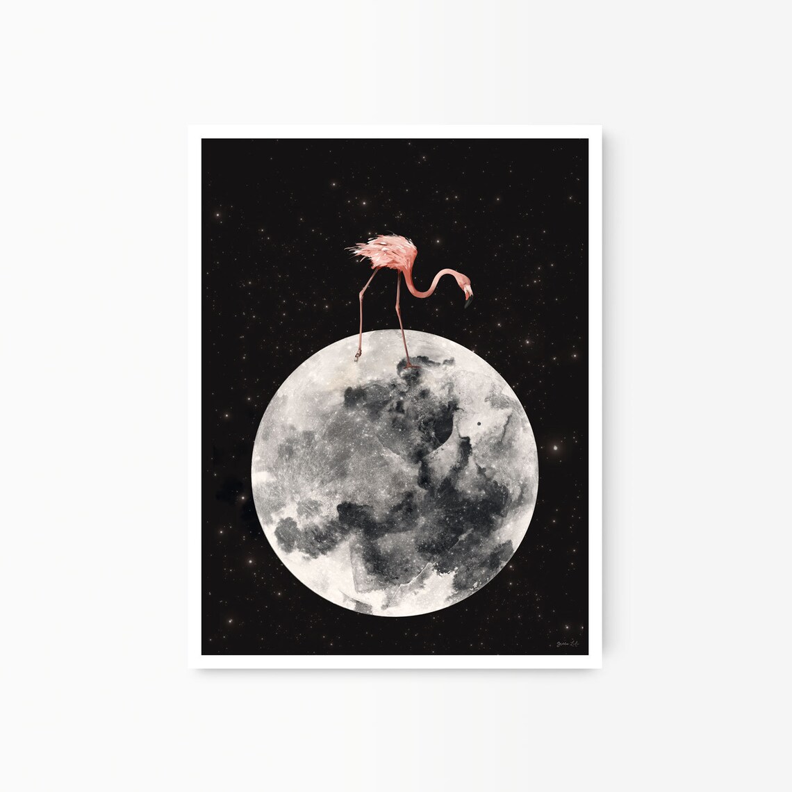 Flamingo on the Moon Wall Art Print Framed Moon Poster Dark | Etsy