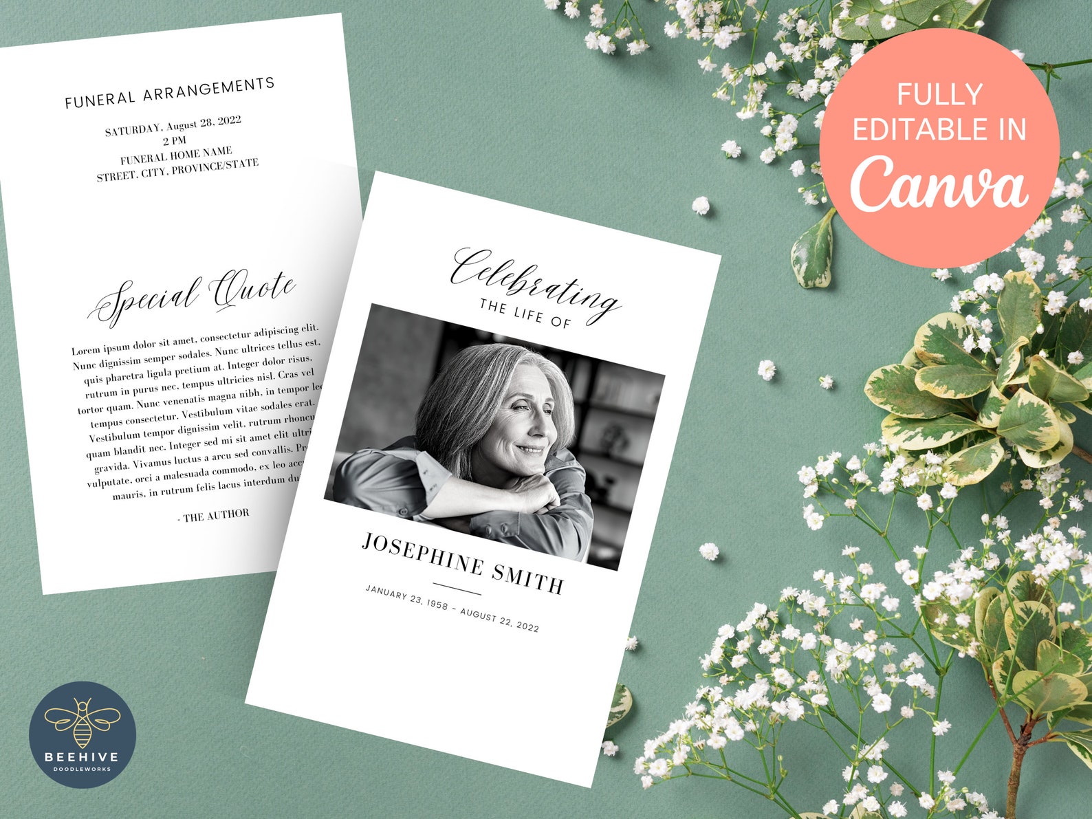 Funeral Program Template | Minimal Memorial Program | Editable Memorial ...