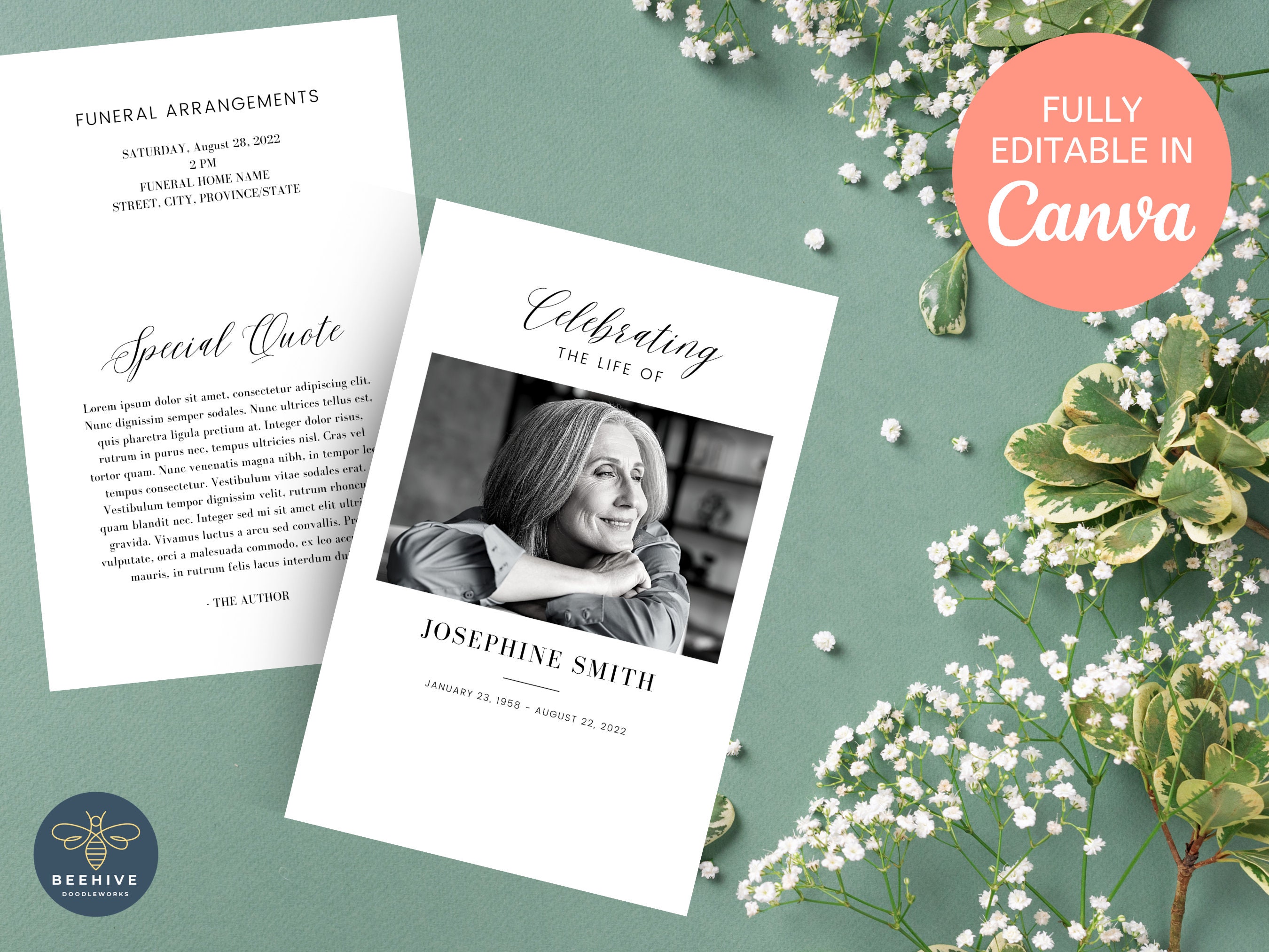 Funeral Program Template | Minimal Memorial Program | Editable Memorial ...
