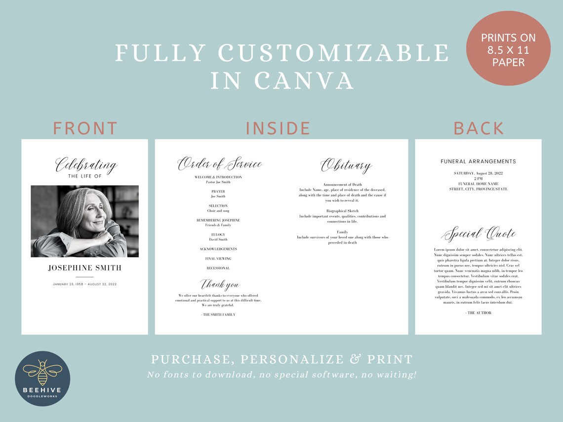 Funeral Program Template Minimal Memorial Program Editable - Etsy