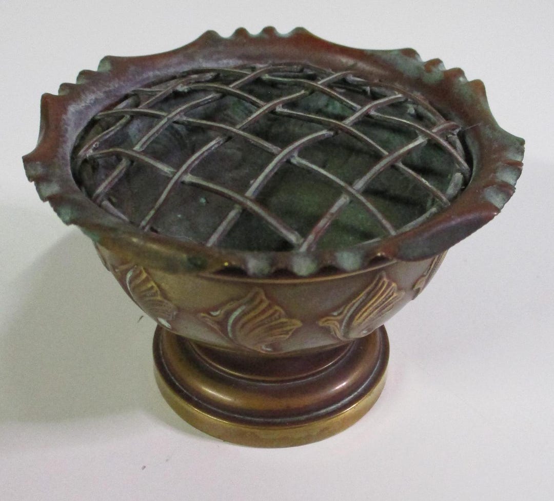 Vintage Copper Rose Bowl With Wire Grid Holder - Leaf Design, Fluted ...