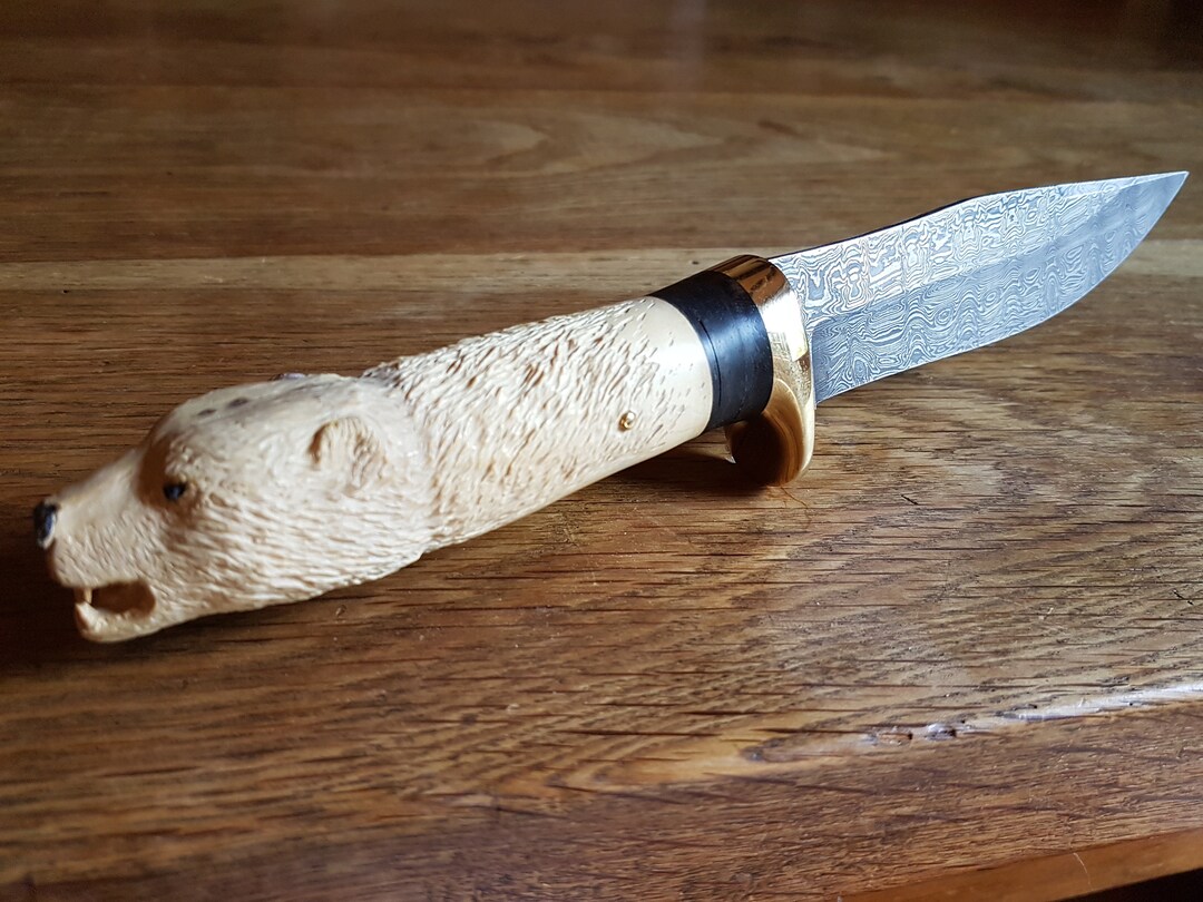 Bear Dagger Carved in Boxwood, Ebony, Brass Guard, Damascus Lama - Etsy