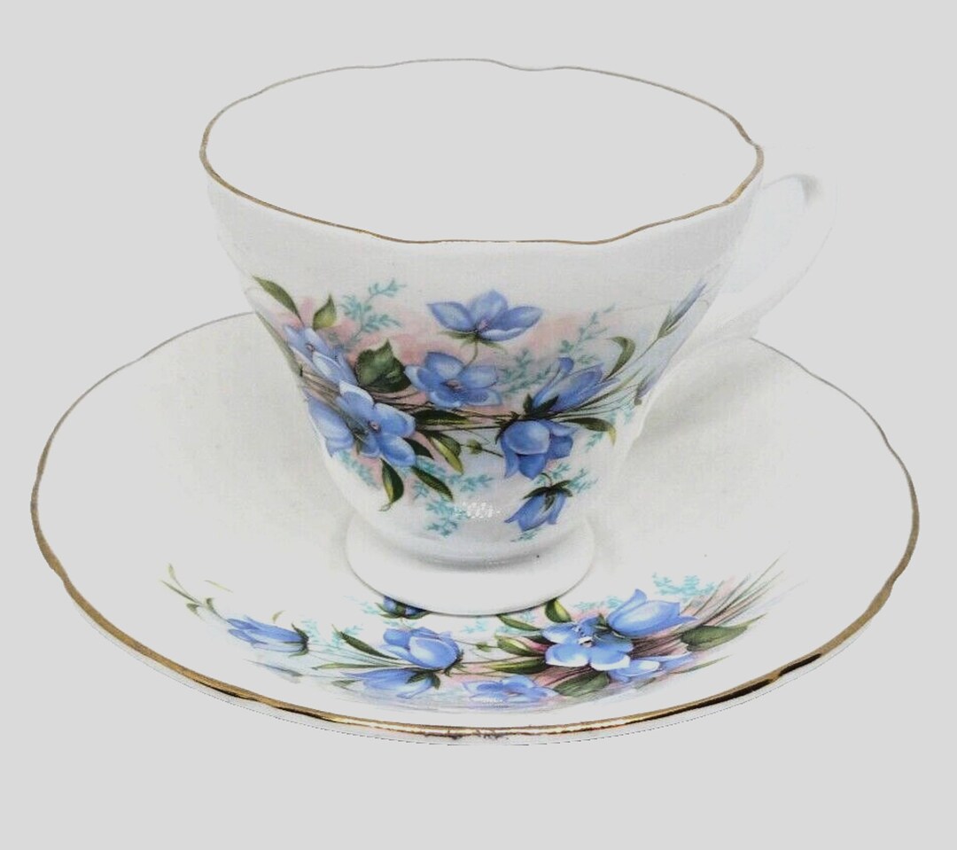 HM Royal Sutherland Bone China Tea Cup & Saucer Blue Flowers Gilt Trim ...