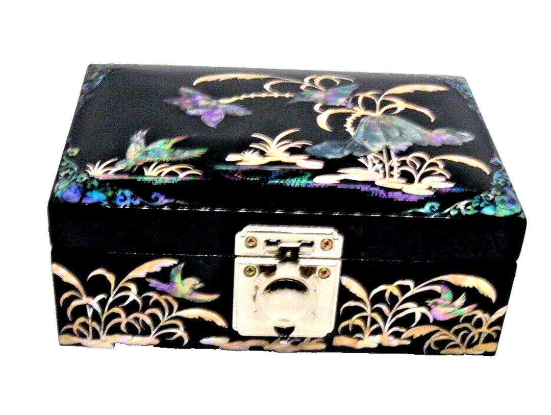 Asian Black Lacquer Jewelry Box MOP & Abalone Bird Floral Inlay Turtle ...