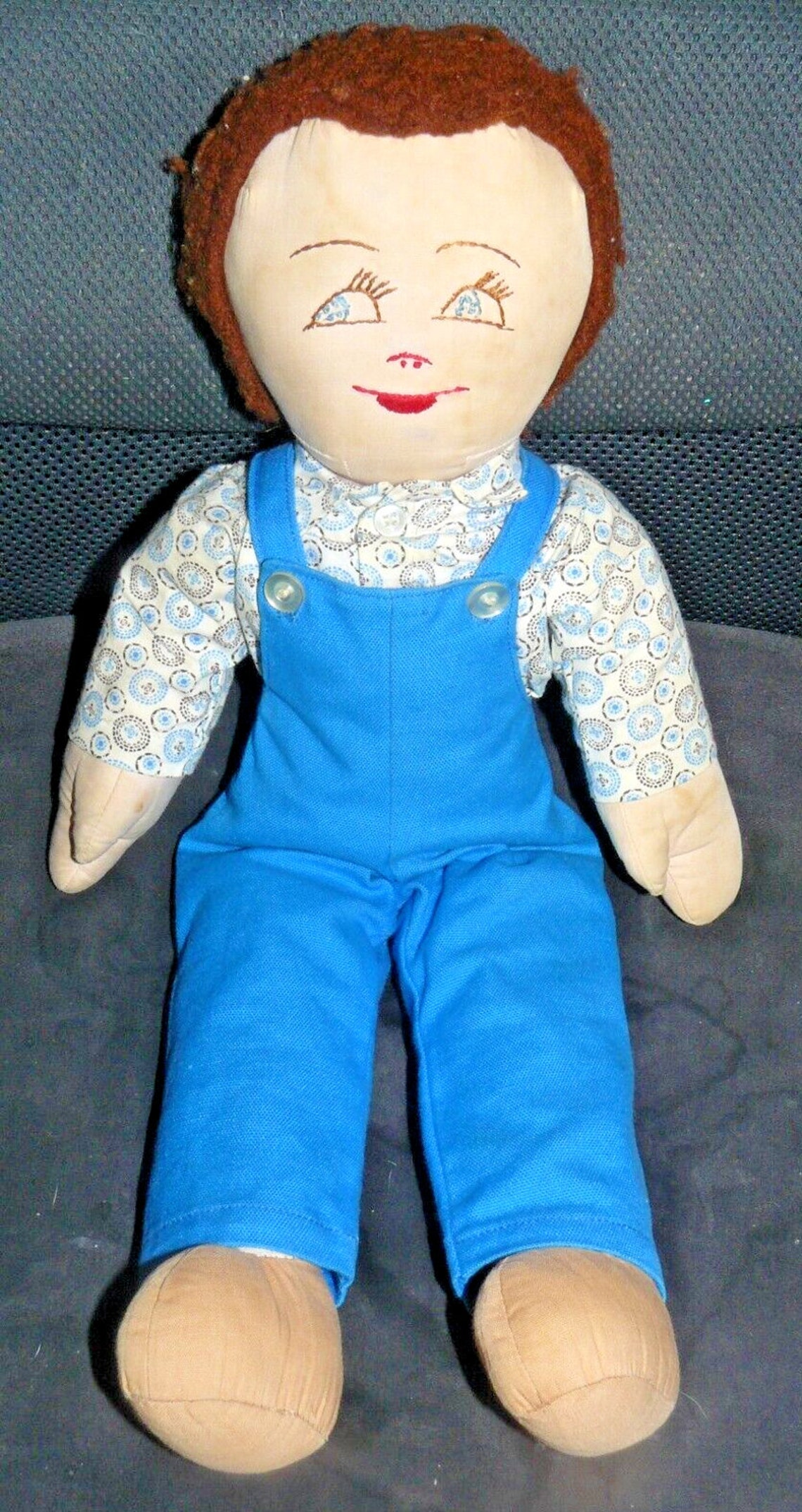 RARE VNTG Cloth Rag Doll FARMER Man in Overalls Red Yarn Hair ...