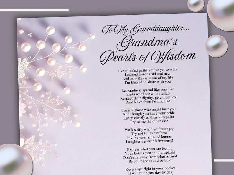 Grandma’s Advice Poem for Granddaughter | Pearls of Wisdom Printable ...