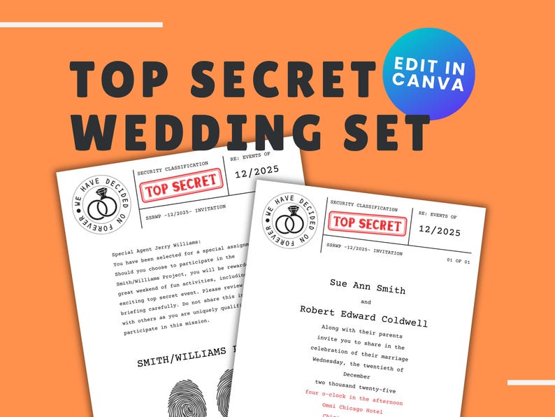 Top Secret Spy Wedding Invitation & Party Mission | Editable Canva ...