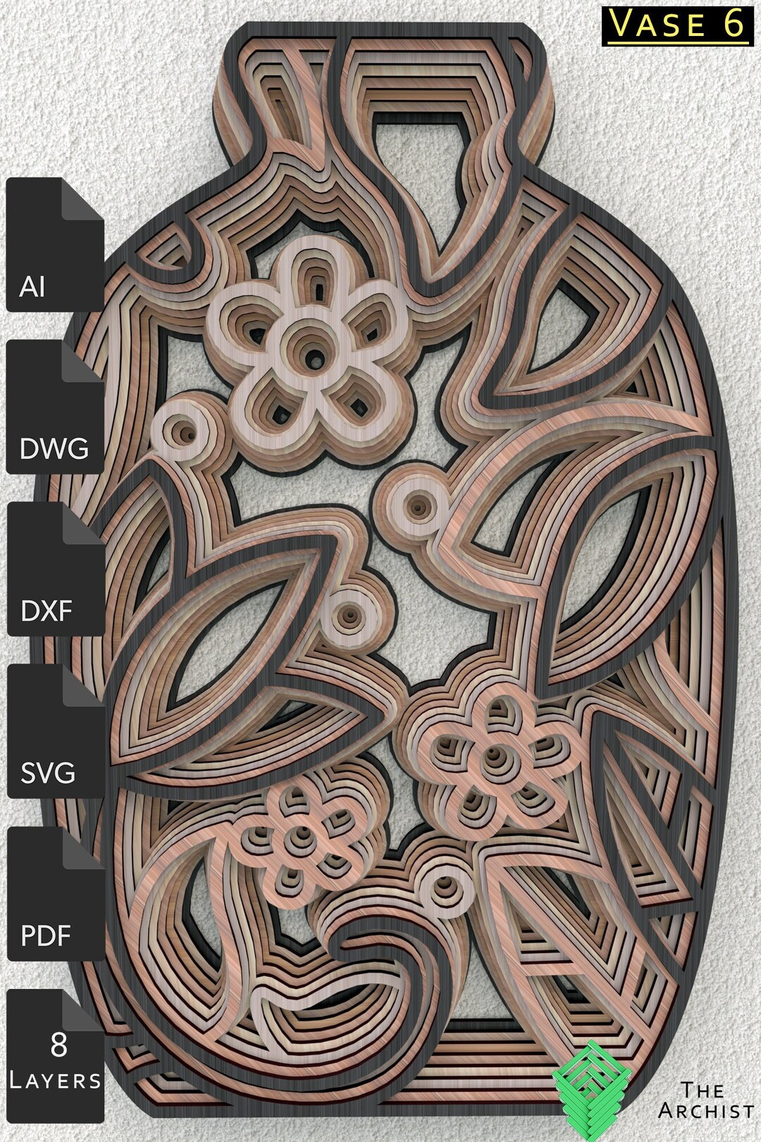 Vase 6, Layered Art Svg, Multilayered Geometric Wall Art, Vase Svg for ...