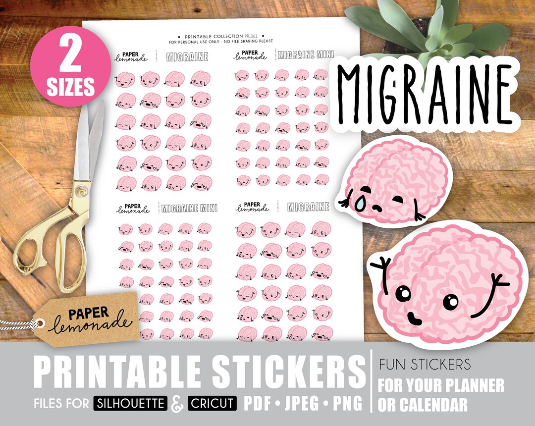 Printable Migraine Anxiety Stickers Cute Hand Drawn Brain to Track ...