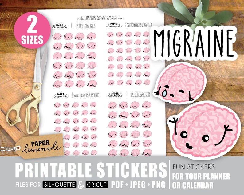 Printable Migraine Anxiety Stickers Cute Hand Drawn Brain to Track ...