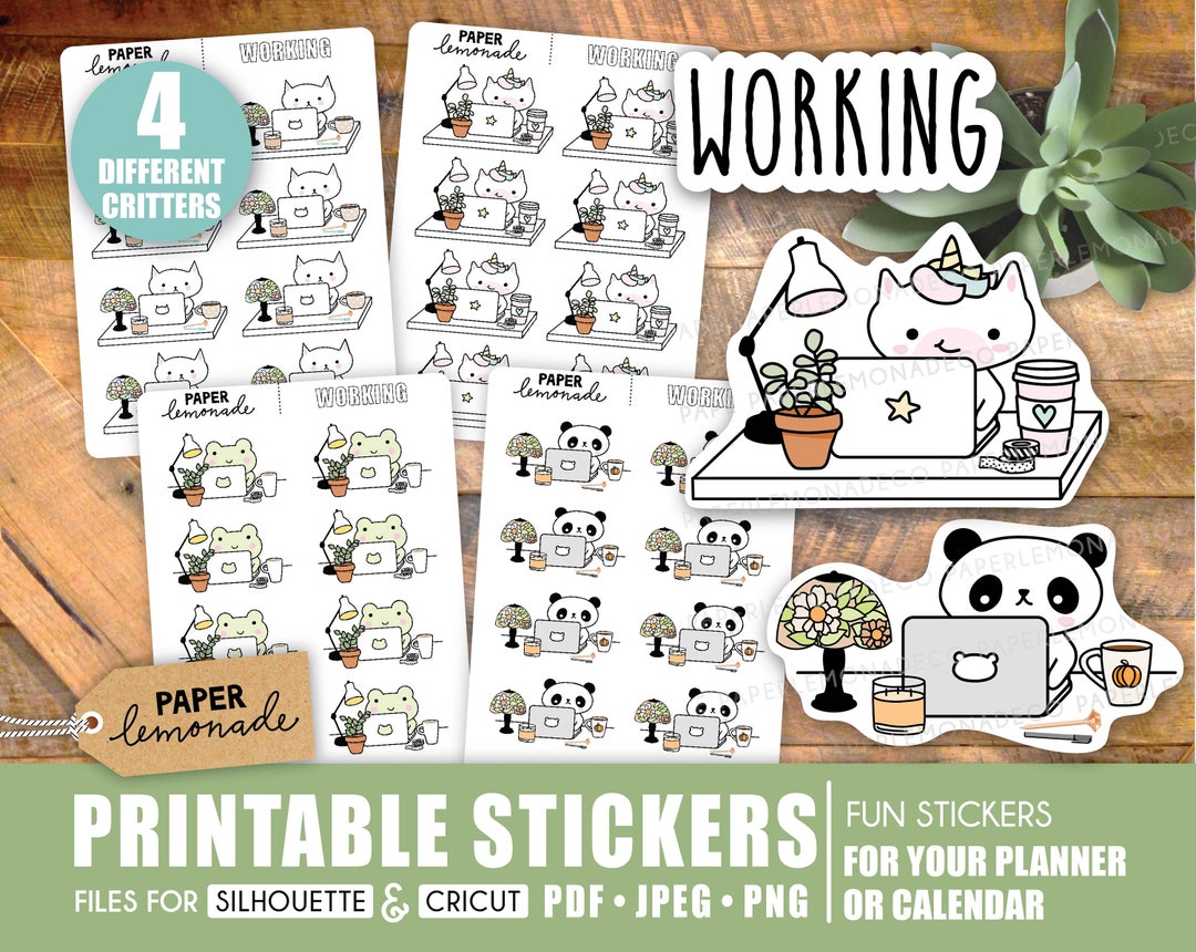Working Printable Stickers Panda Frog Unicorn and Cat Are at Work With ...
