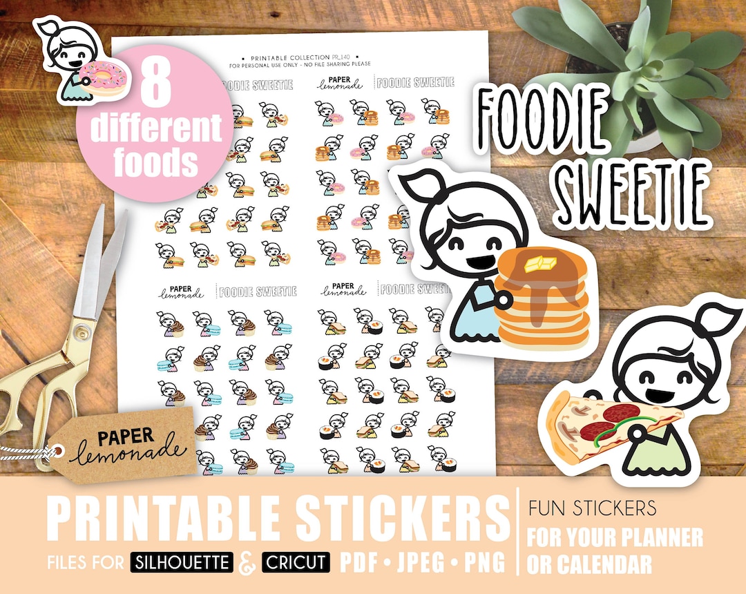 Printable Foodie Stickers Eating Pancakes Donuts or Pizza Night Eating ...