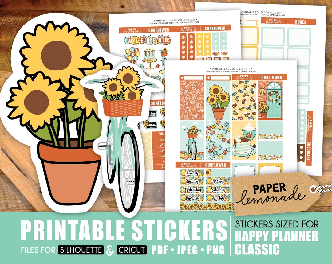 Sunflower Weekly Sticker Kit Printable for Happy Planner Classic Coffee ...