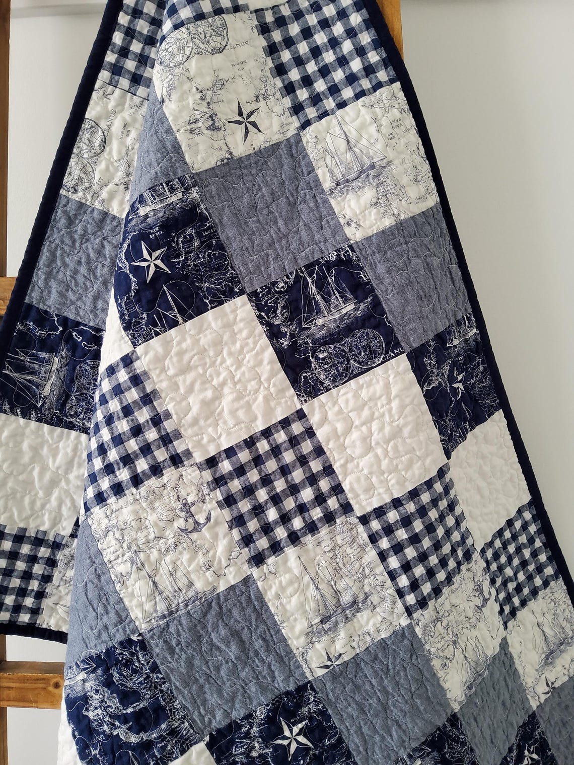 Nautical Baby Boy Quilt: Handmade Navy Chambray Patchwork 100% Cotton ...