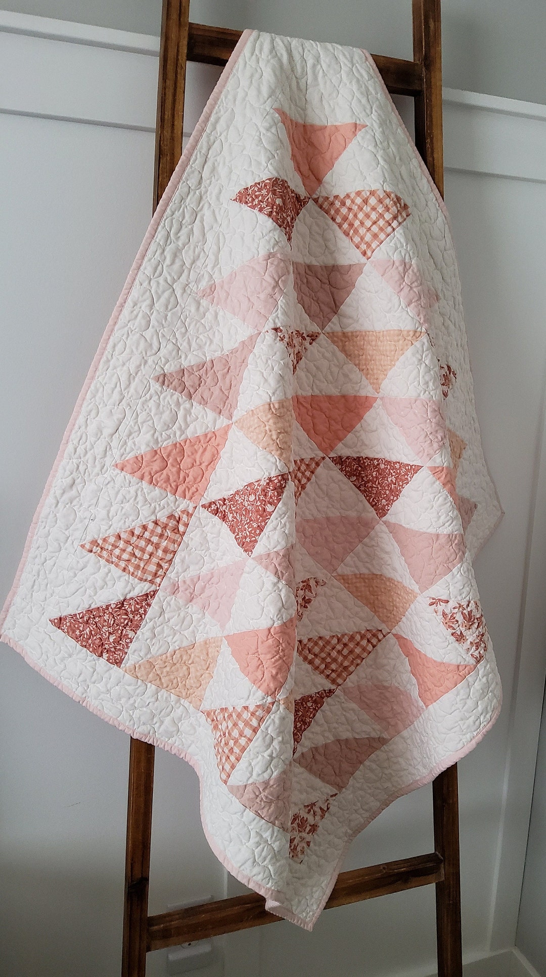 Boho Baby Girl Quilt, Handmade, Peach Pink Patchwork Quilt in Modern ...