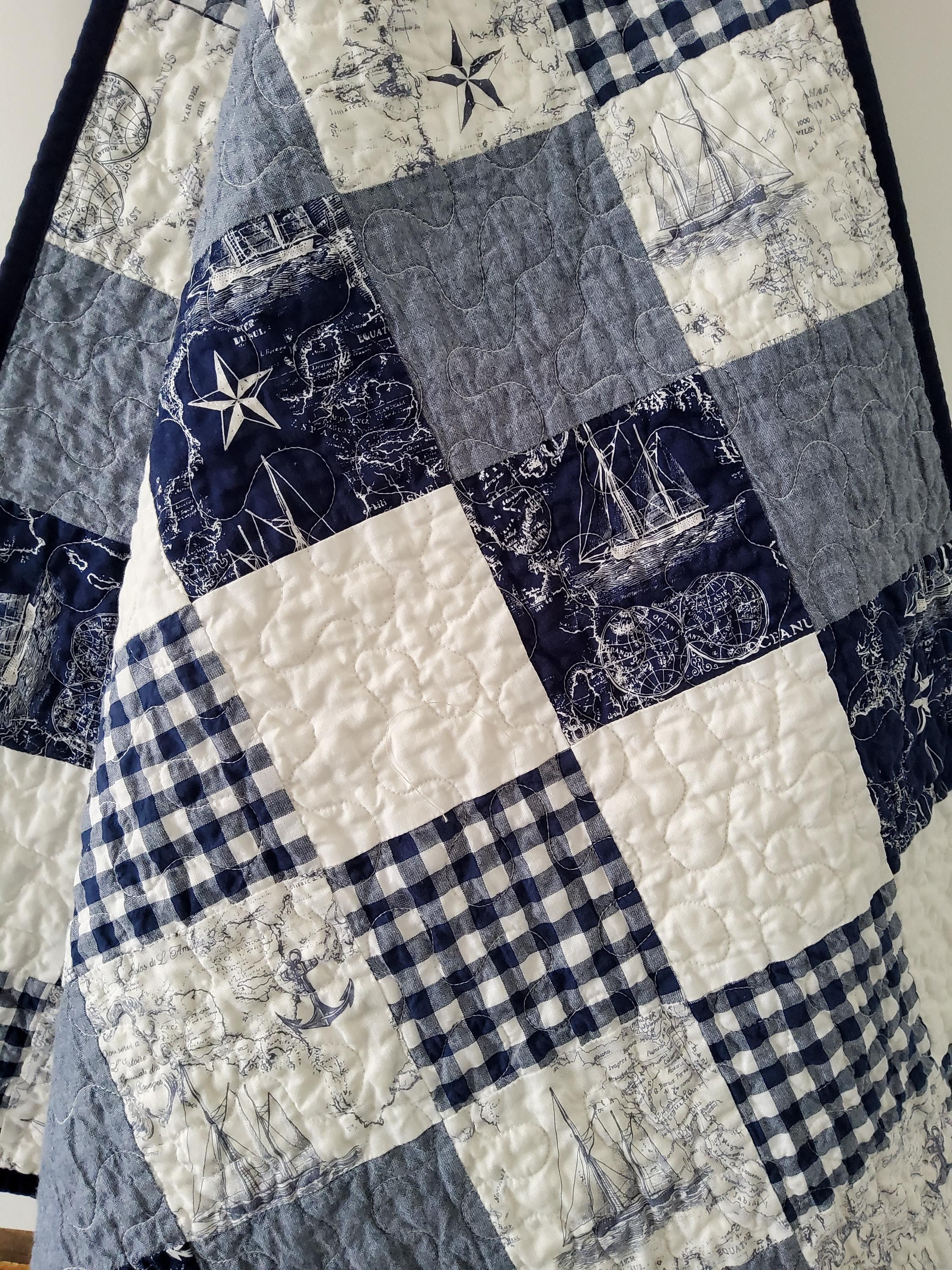 Nautical Baby Boy Quilt: Handmade Navy Chambray Patchwork 100% Cotton ...