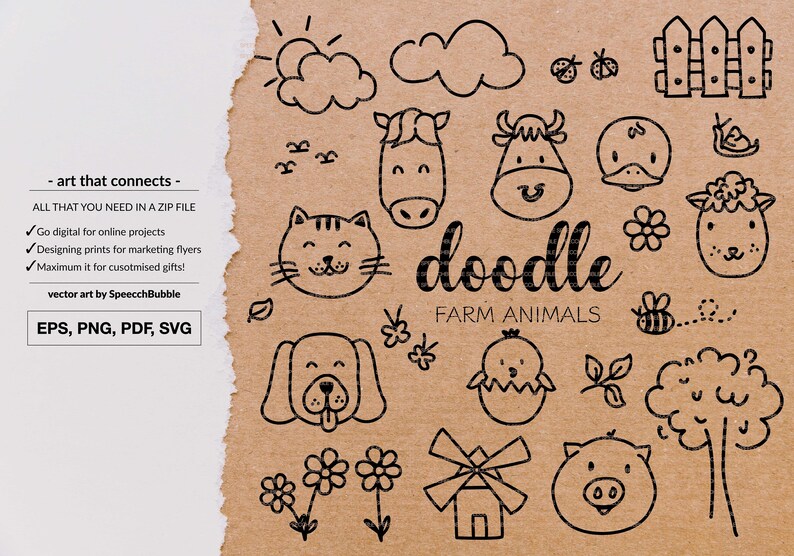 Farm Animals Doodle Line Art Svg Clip Art, Farm Items Clip Art, Kids ...