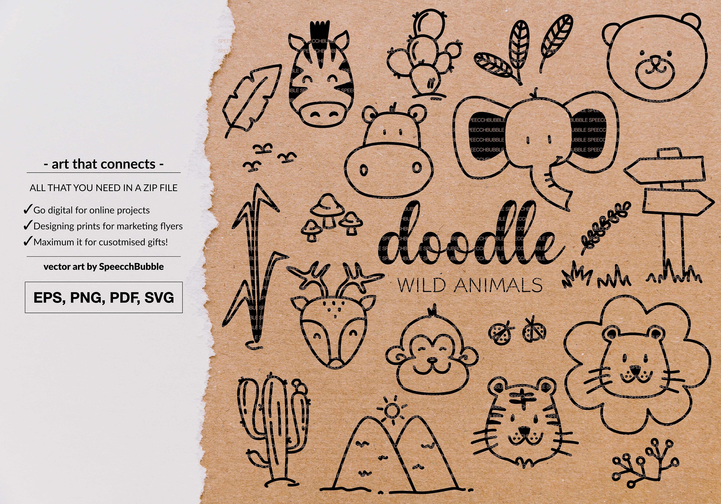 Wild Animals Png Eps and Forest Doodle Line Art Svg Clip Art, Wildlife ...