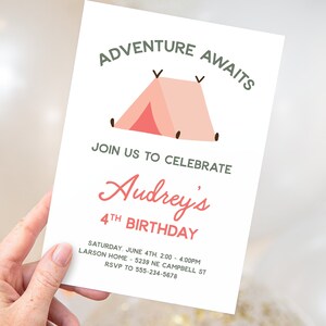 Camping Birthday Party Invitation, Tent Invitation Pink, Girl Birthday ...