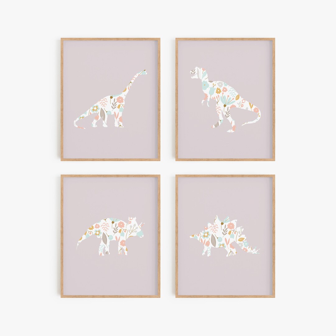 Dinosaur Prints for Girls, Floral Dinosaurs Printable Art, Purple ...
