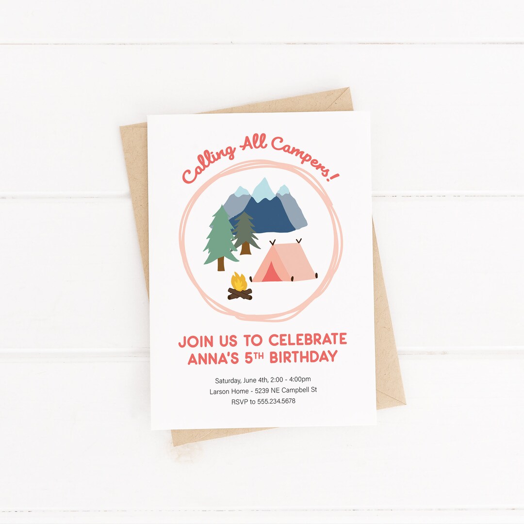 Kids Camping Party Invitation, Camping Themed Birthday Party, Girl ...