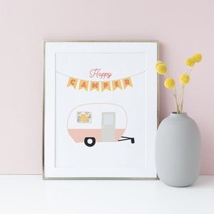 Happy Camper Printable Art, Girls Camping Decorations, Pink Camper Sign ...