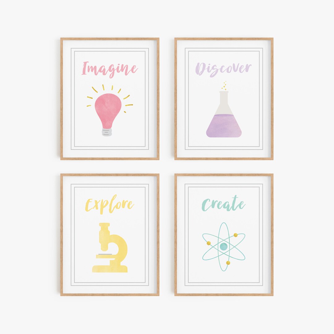 Science Themed Girls Room Wall Art, Science Art Print Set, Danish ...