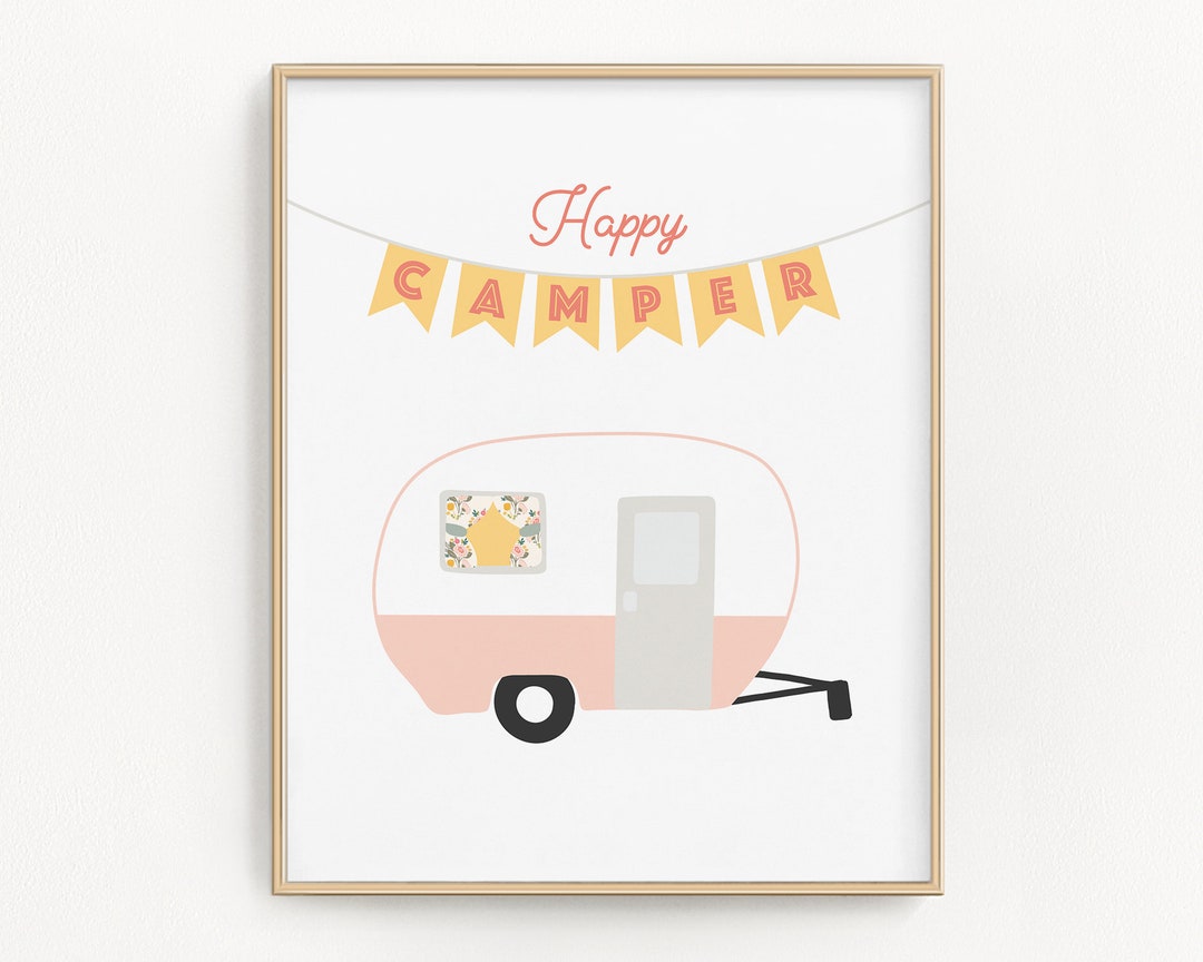 Happy Camper Printable Art, Girls Camping Decorations, Pink Camper Sign ...
