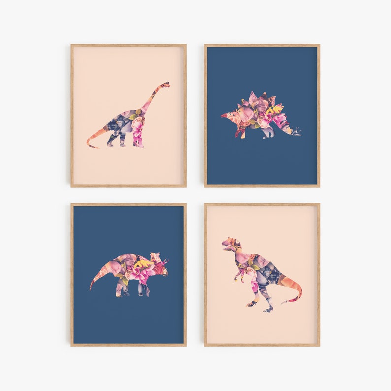 Blue and Pink Dinosaur Posters Printable Art for Kids Room | Etsy