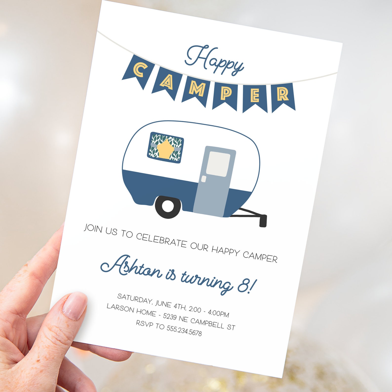 Happy Camper Invitation Blue Birthday Party Invites Camping - Etsy