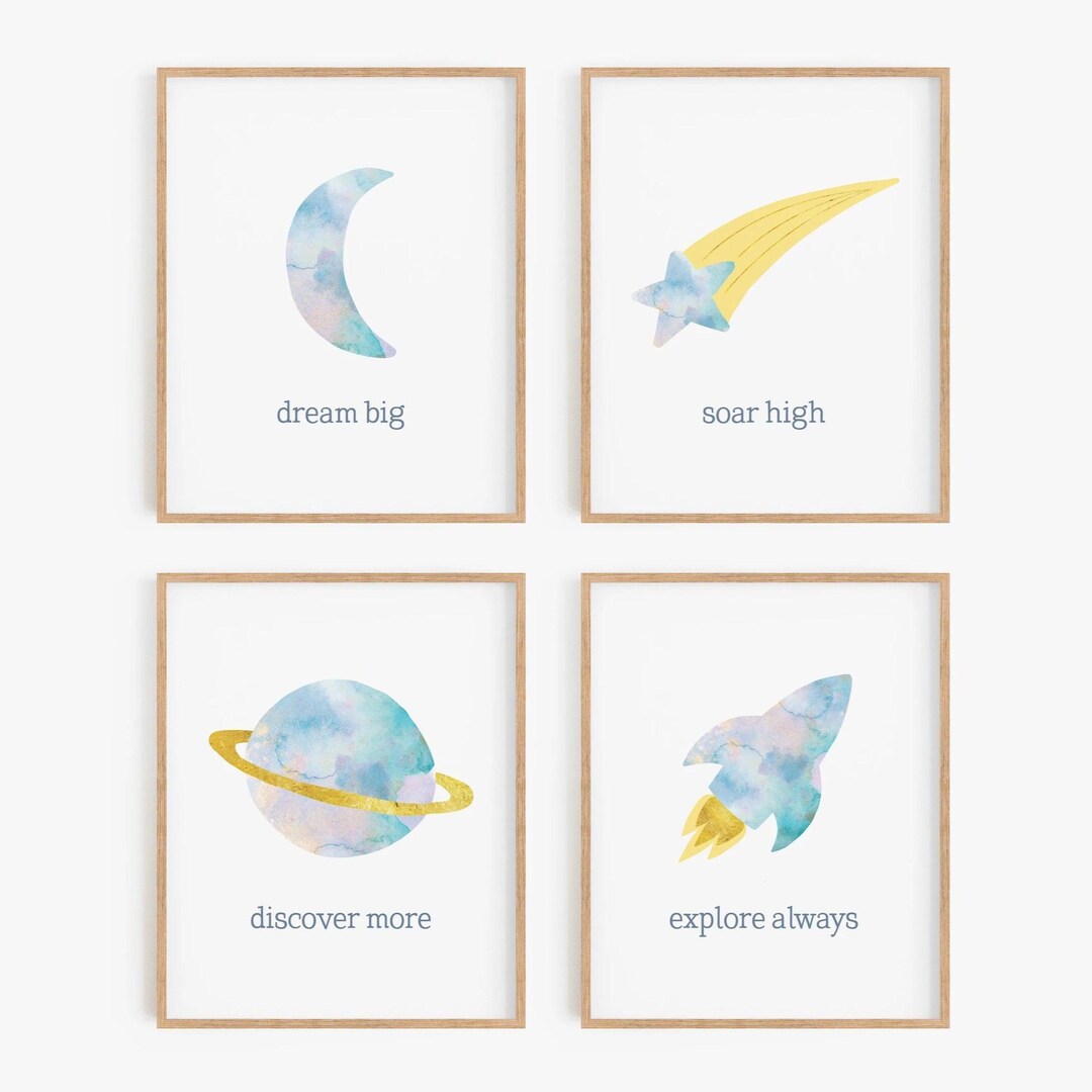 Outer Space Nursery Decor - Watercolor Wall Art Set of 4 - Moon, Star ...