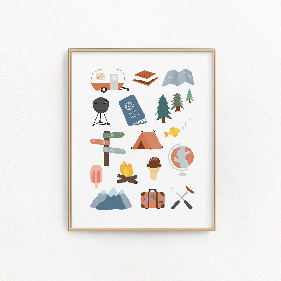 Camping Poster Neutral Color, Cabin Wall Art Bunk Room, Nature Themed ...