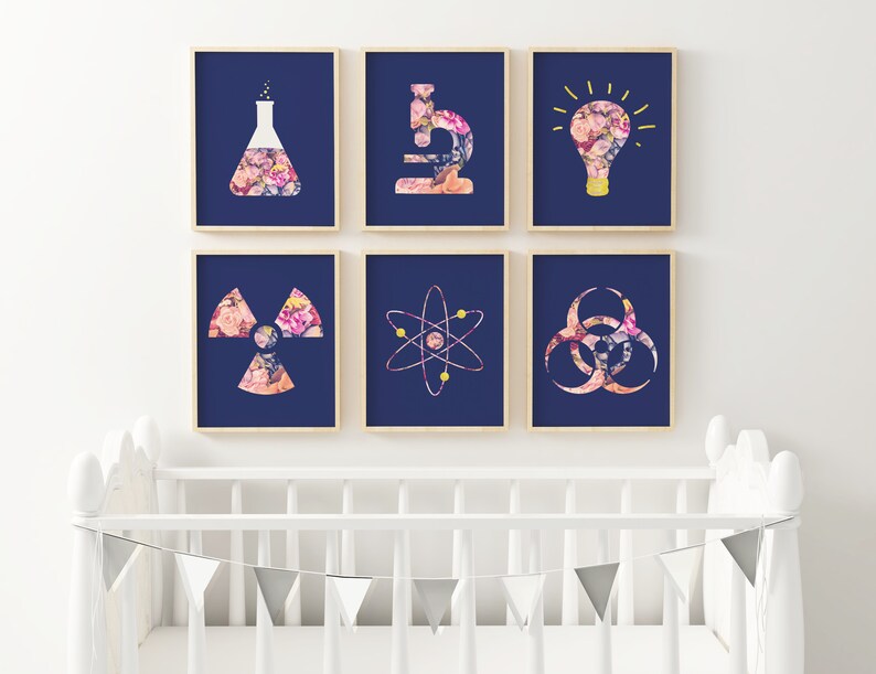 Science Themed Art Prints Navy Blue and Pink Decor Chemistry - Etsy