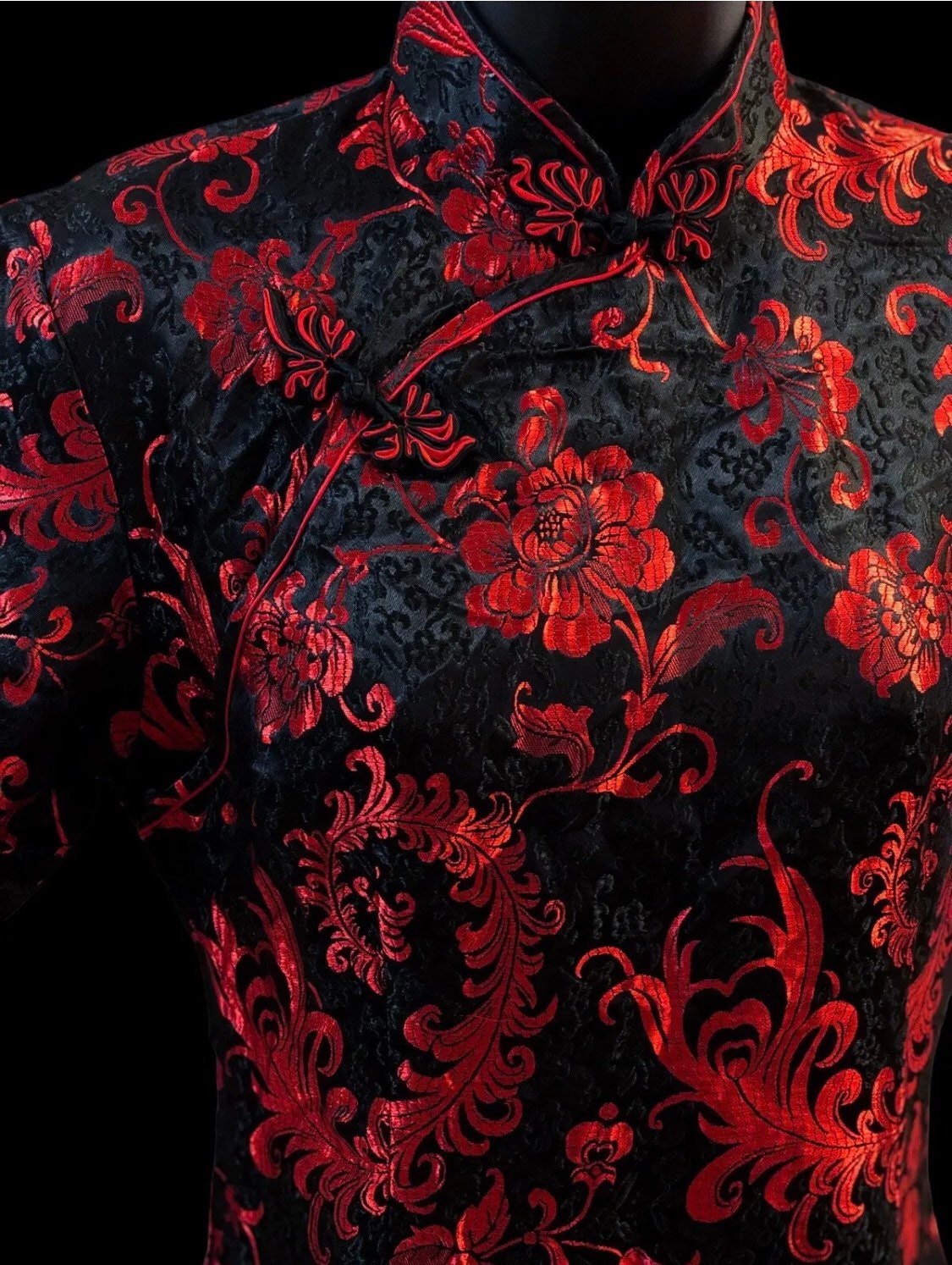Vintage Classic Red Black Chinese Brocade Cheongsam Qipao Satin Floral ...