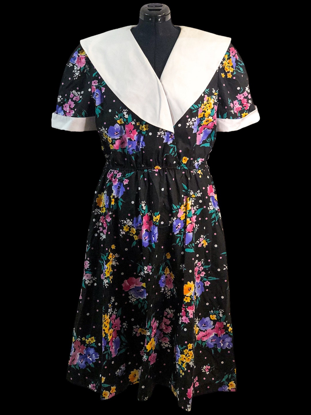 Vintage Floral Midi Dress: 80s Carriage Court Black Multicolor, Size ...