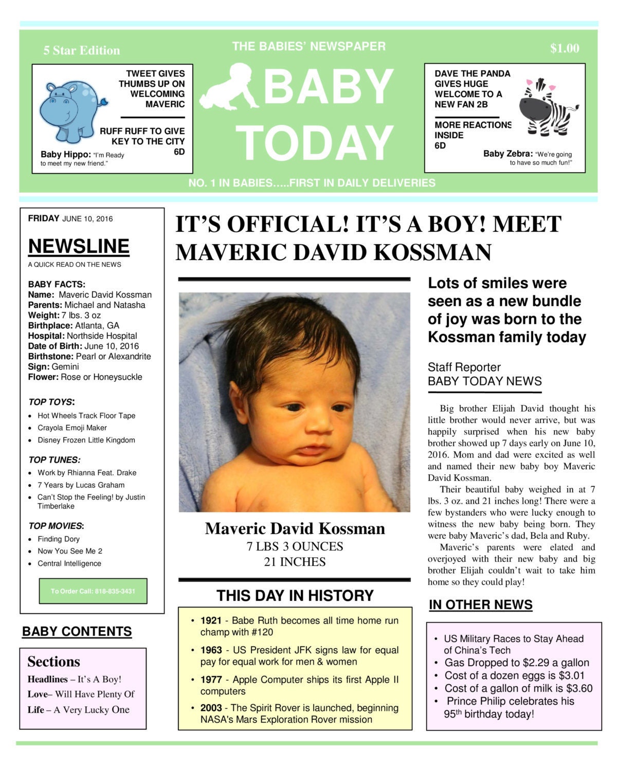 Baby Boy Newspaper Birth Announcement Keepsake Personalized Digital ...