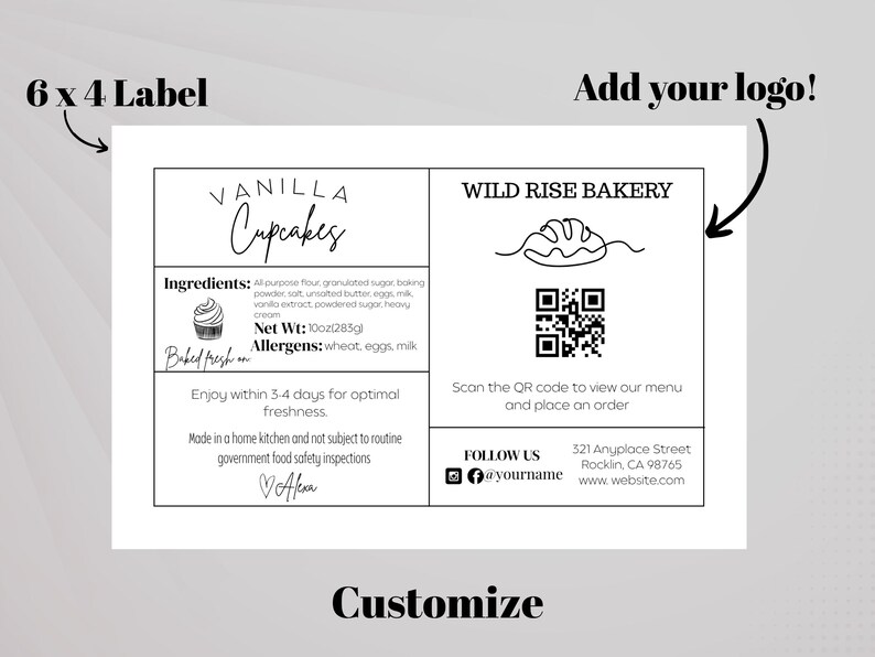 6x4 Editable Cottage Food Label for Cupcake Dozen, Home Bakery ...