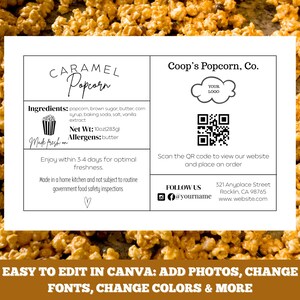 Popcorn Cottage Food Label Template|editable Printable |digital ...