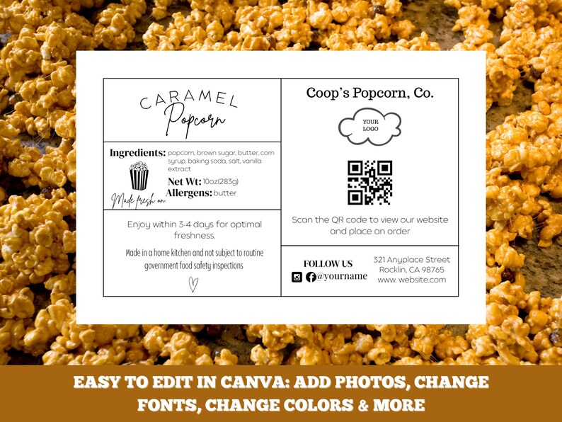 Popcorn Cottage Food Label Template|editable Printable |digital ...