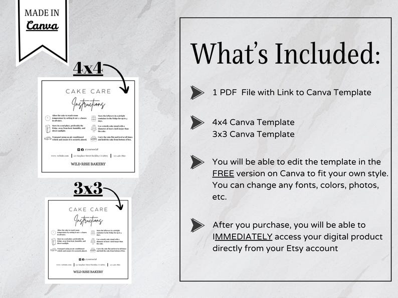 Cake Care Instruction Card, Editable Template for Cakes, Printable Care ...