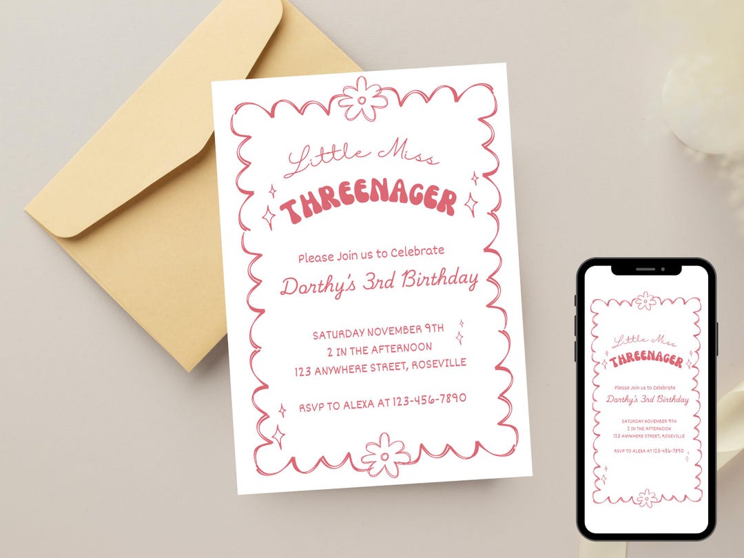 Little Miss Threenager Invitation 3rd Birthday Invitation Girl 3rd ...