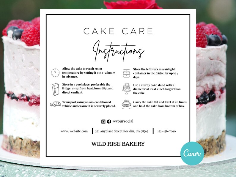 Cake Care Instruction Card, Editable Template for Cakes, Printable Care ...