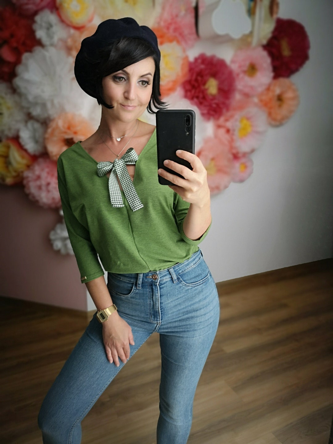 MEKO® froba Shirt Women, Top in Green Melange With Bow, Shirt With V ...