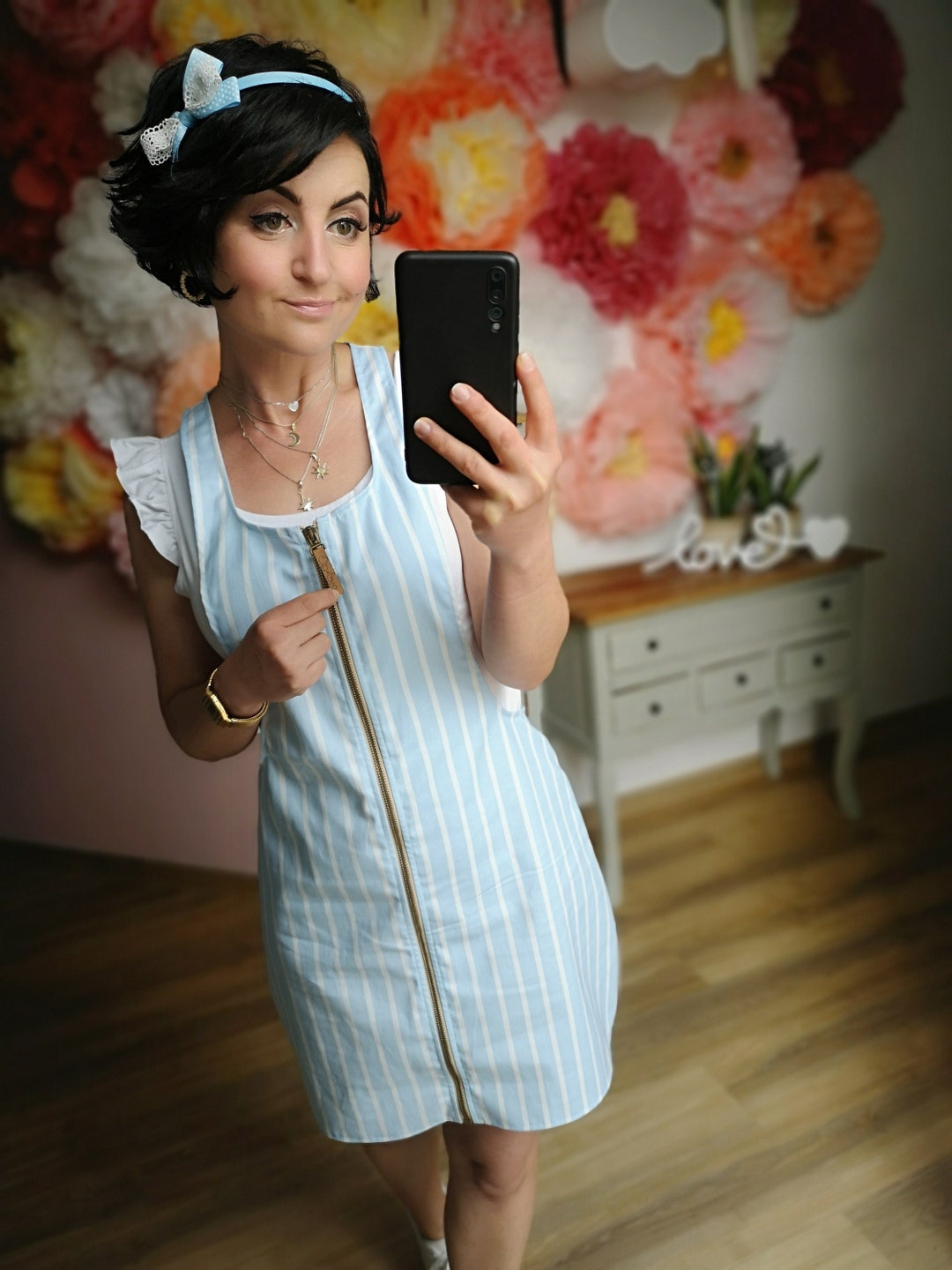 Size S MEKO® cordzaly Ladies Denim Dress With Zip, Baby Blue and White ...