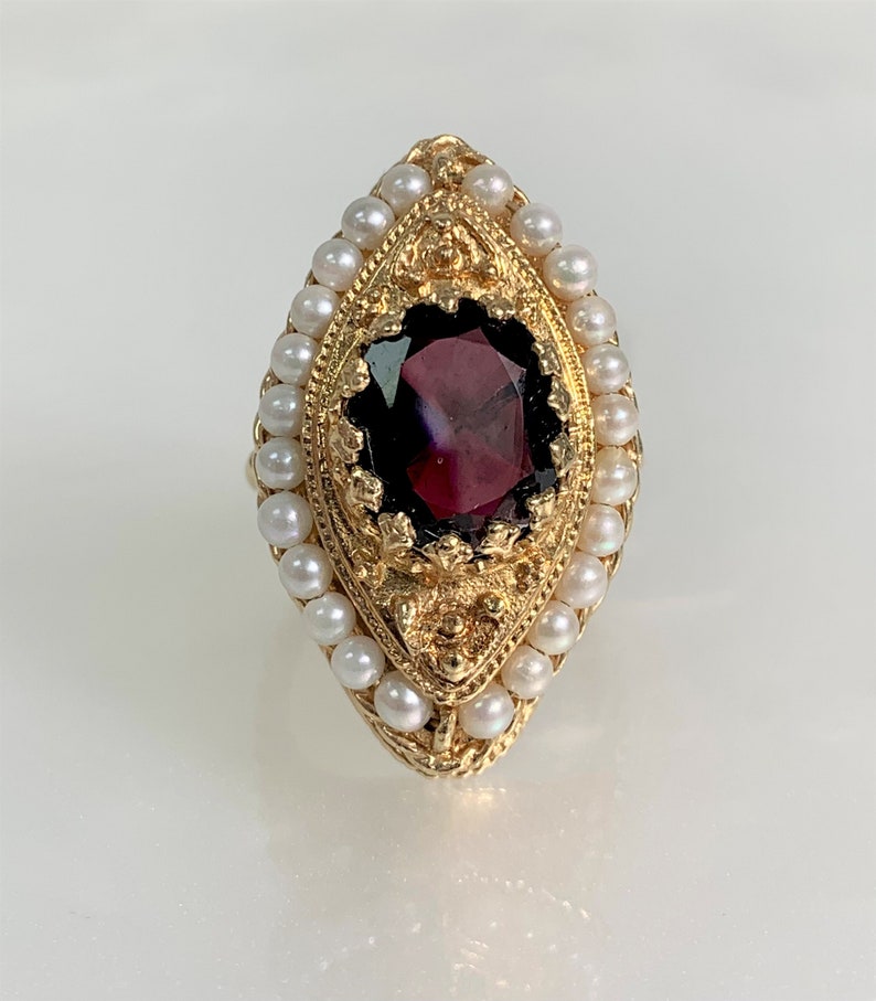 Vintage 14k Gold Garnet Ring With Seed Pearls - Etsy