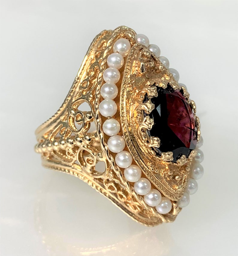 Vintage 14k Gold Garnet Ring With Seed Pearls - Etsy