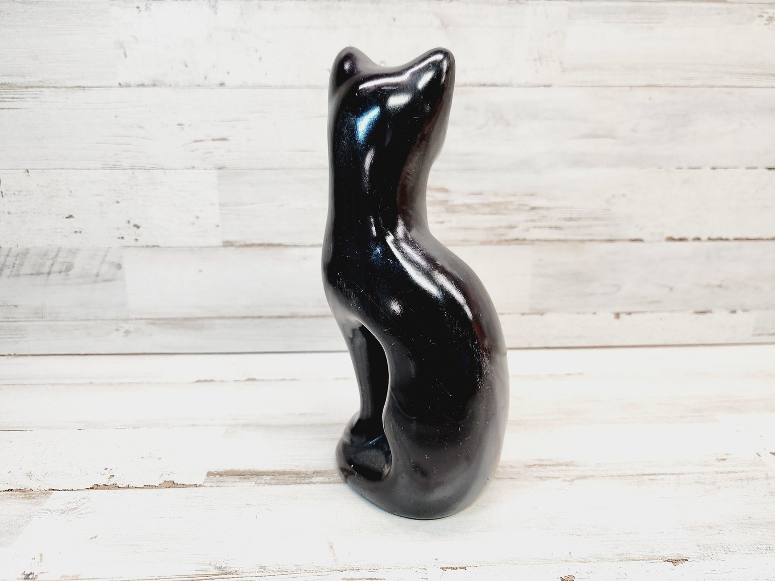 BLACK Ceramic Cat. Halloween. Large Vintage Black Ceramic Cat With Red ...